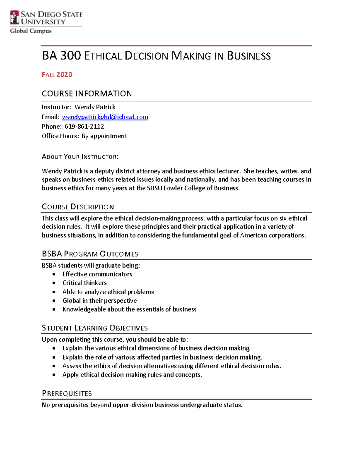 BA 300 Online Syllabus Fall 2020 - BA 300 ETHICAL DECISION MAKING IN ...