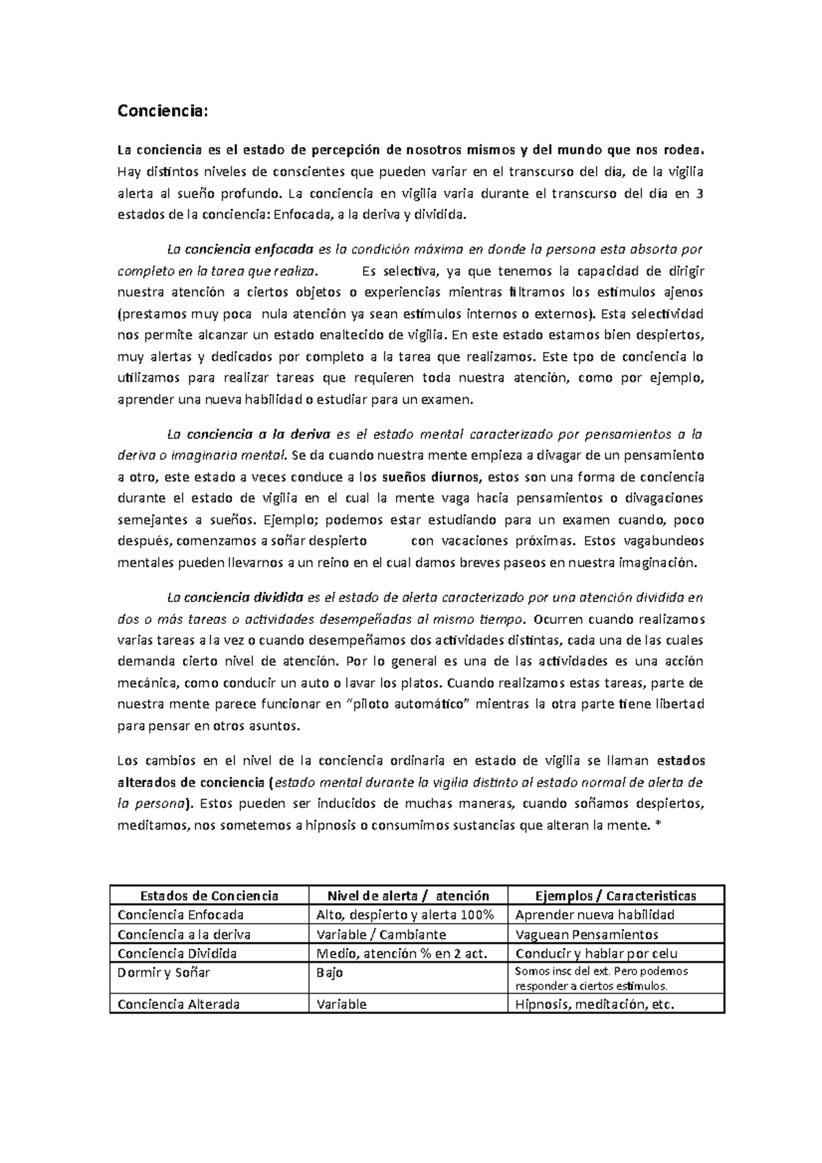 Resumen de Psicología General (2do parcial) - Conciencia: La conciencia ...