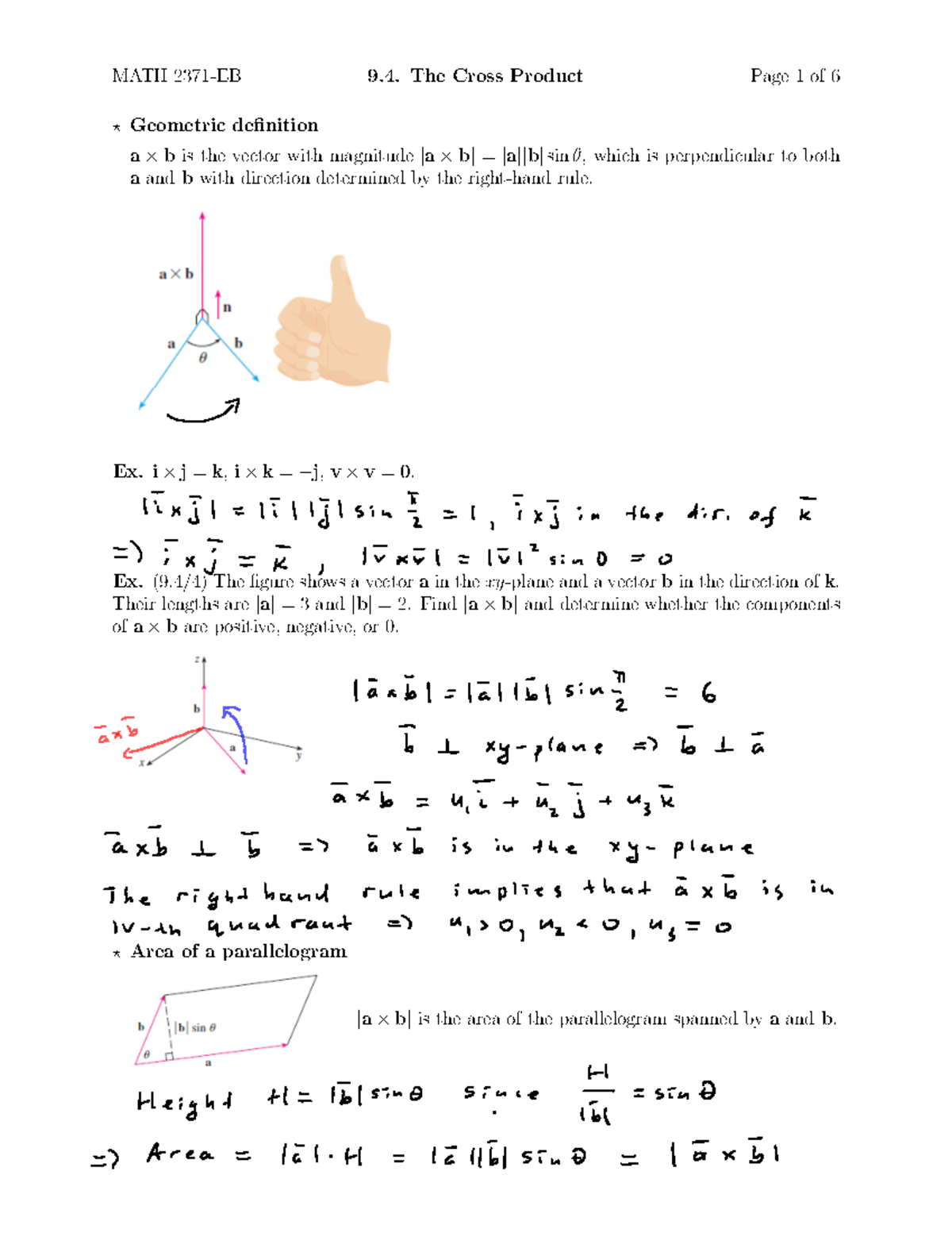 math 2321 multivar calc iii 9.4 annotated - MATH 9. The Cross Product ...