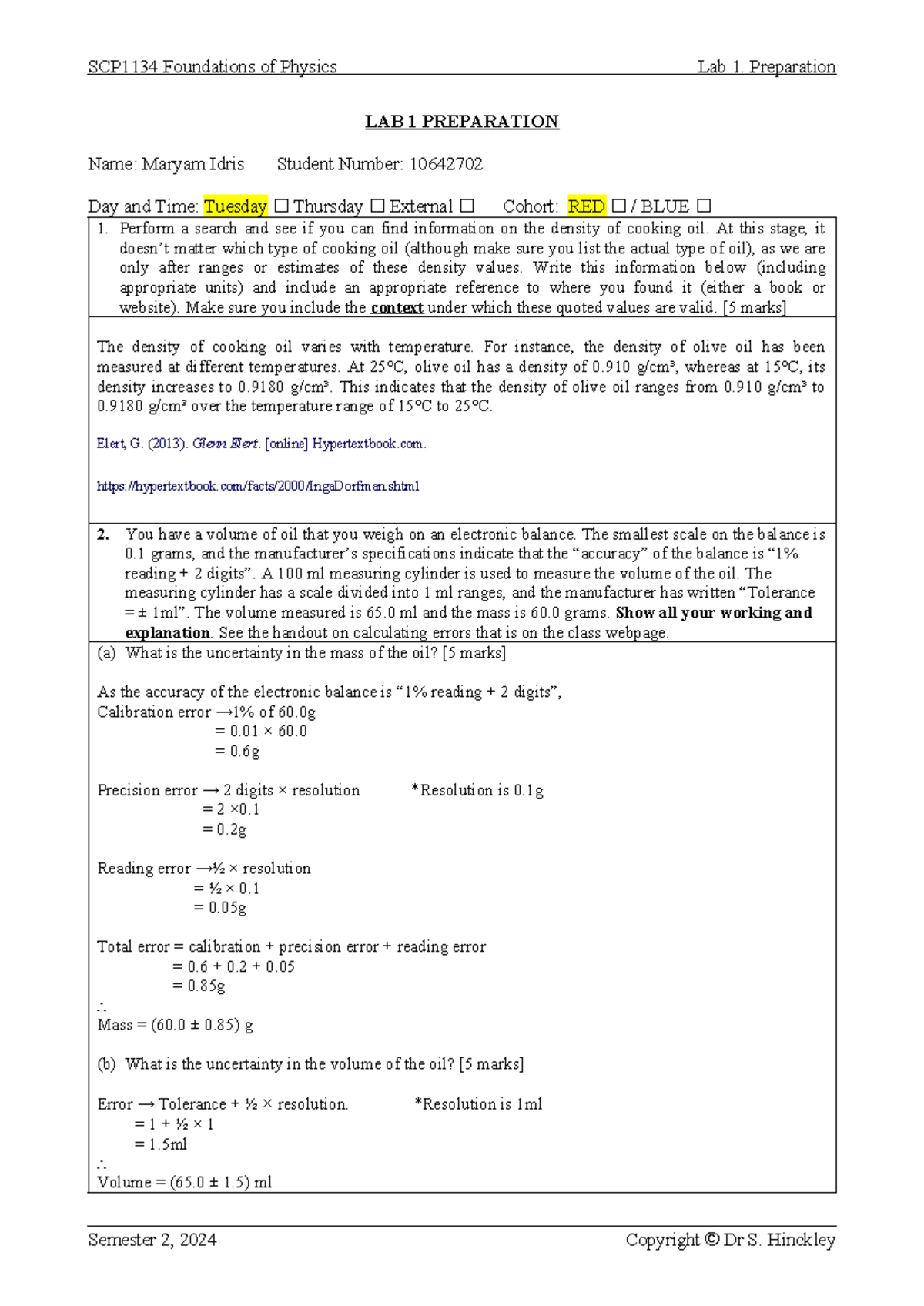SCP1134 Lab 1 Prep - Lab 1 Prep Uncertainty - LAB 1 PREPARATION Name: Maryam Idris Student ...