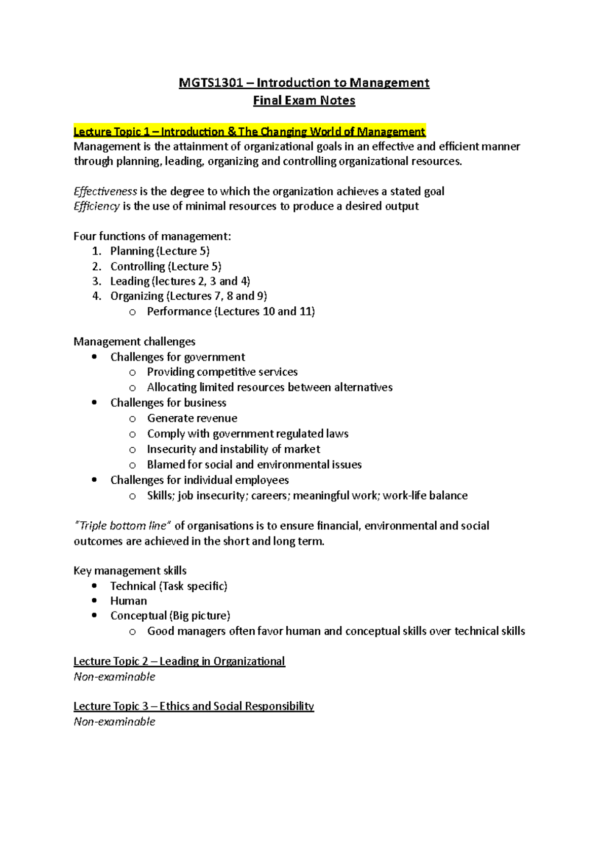 Final Exam Notes - Summary Introduction To Management - MGTS1301 ...
