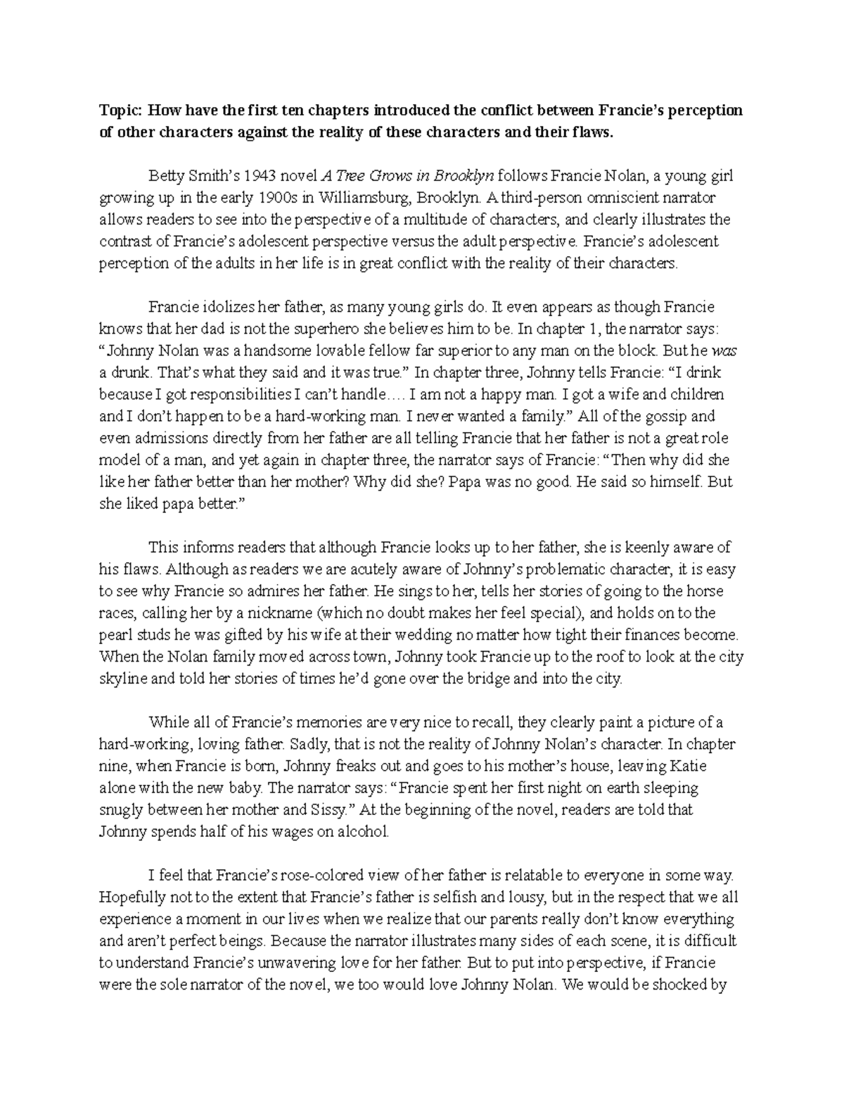 A Tree Grows in Brooklyn BP #1 - Topic: How have the first ten chapters ...