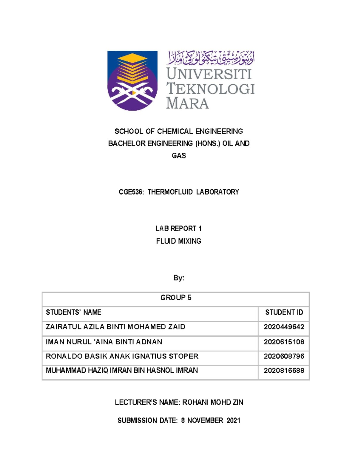 CGE 536 ( Fluid Mixing LAB Report (1)) - SCHOOL OF CHEMICAL ENGINEERING ...