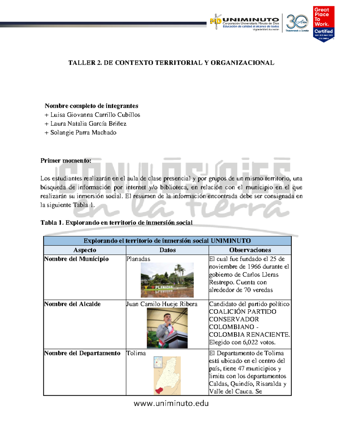 Taller 2 Contexto Territorial y Organizacional Inmersion - TALLER 2. DE ...