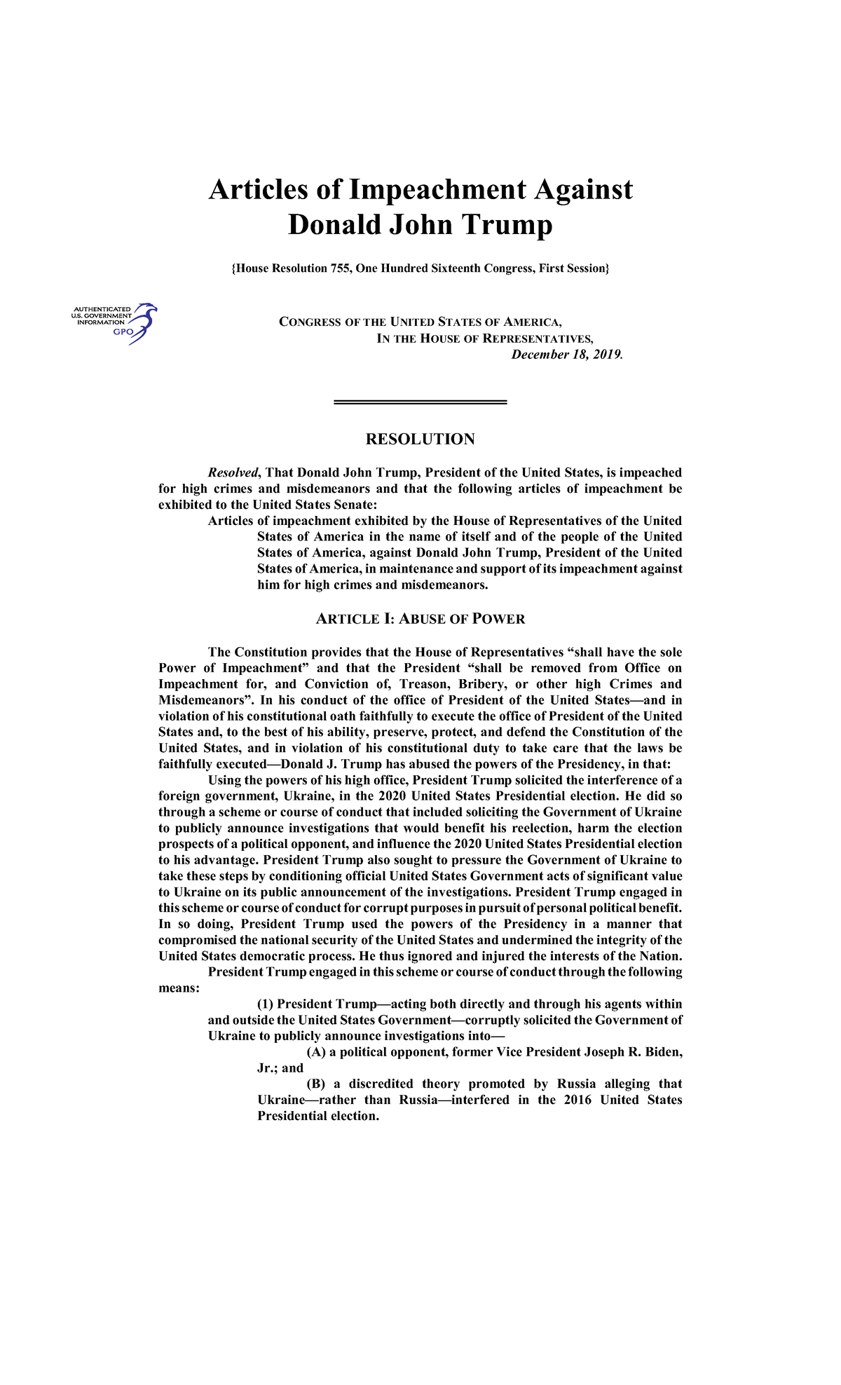 Trump impeachment - Test - Articles of Impeachment Against Donald John ...