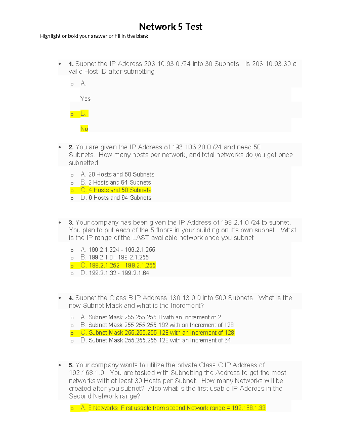 Network Test 5 - Network 5 Test Highlight or bold your answer or fill ...