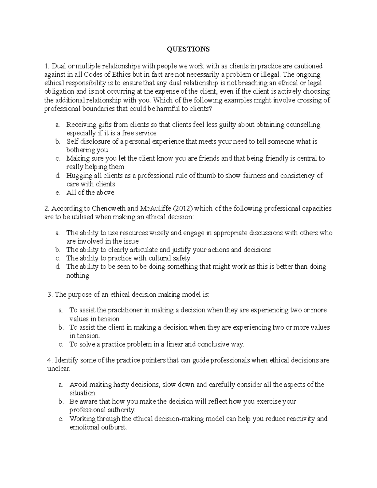SWK278 Practice Quiz #3 - QUESTIONS Dual or multiple relationships with ...