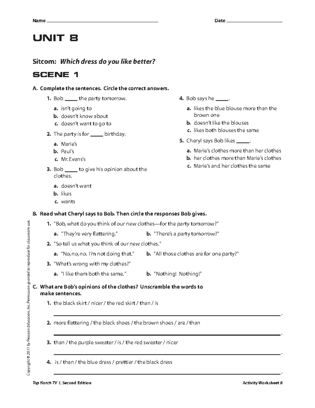 UNIT 08 TV Activity Worksheets - UNIT 8 Sitcom: Which dress do you like ...