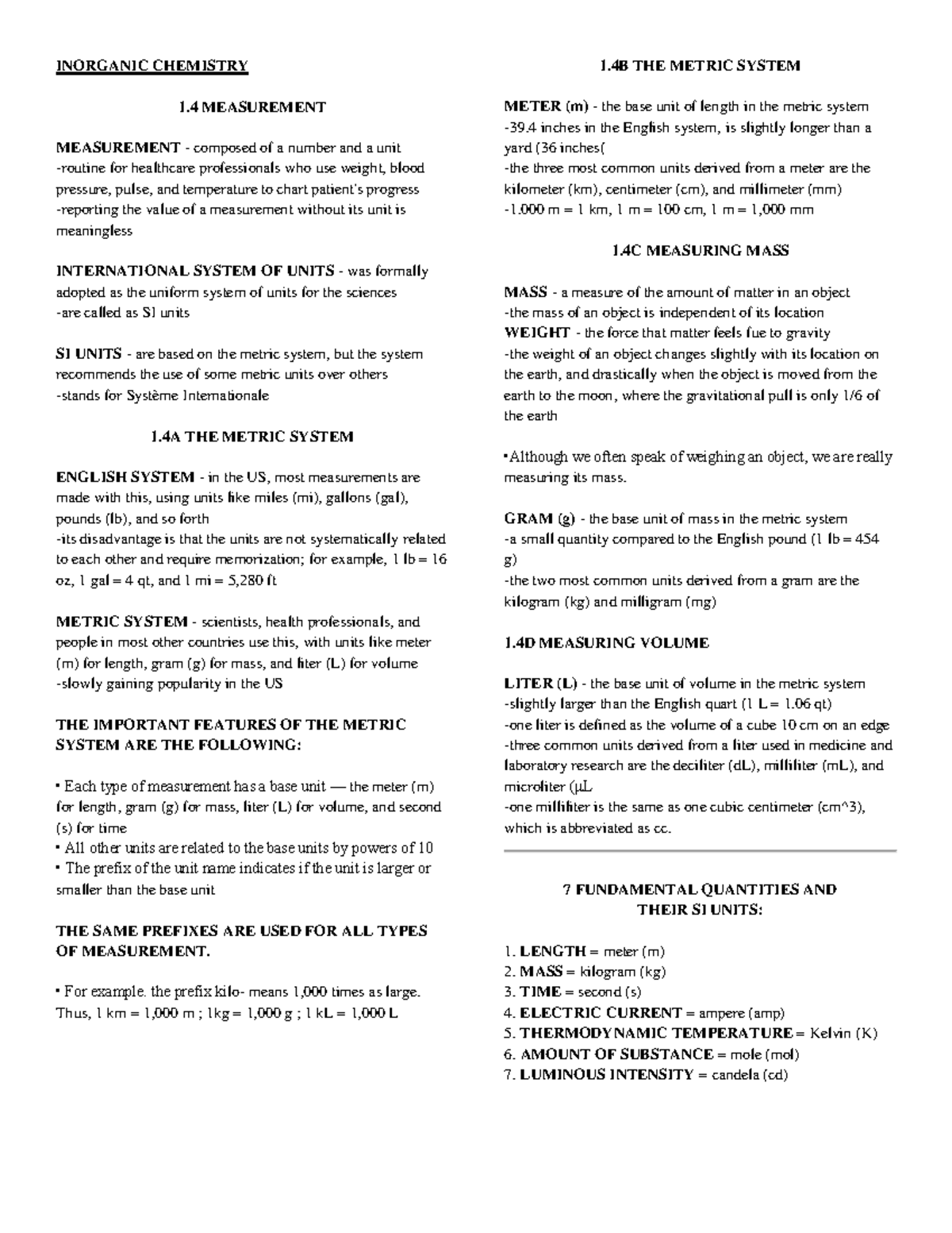 Inorg CHEM LEC Reviewer - INORGANIC CHEMISTRY 1 MEASUREMENT MEASUREMENT ...
