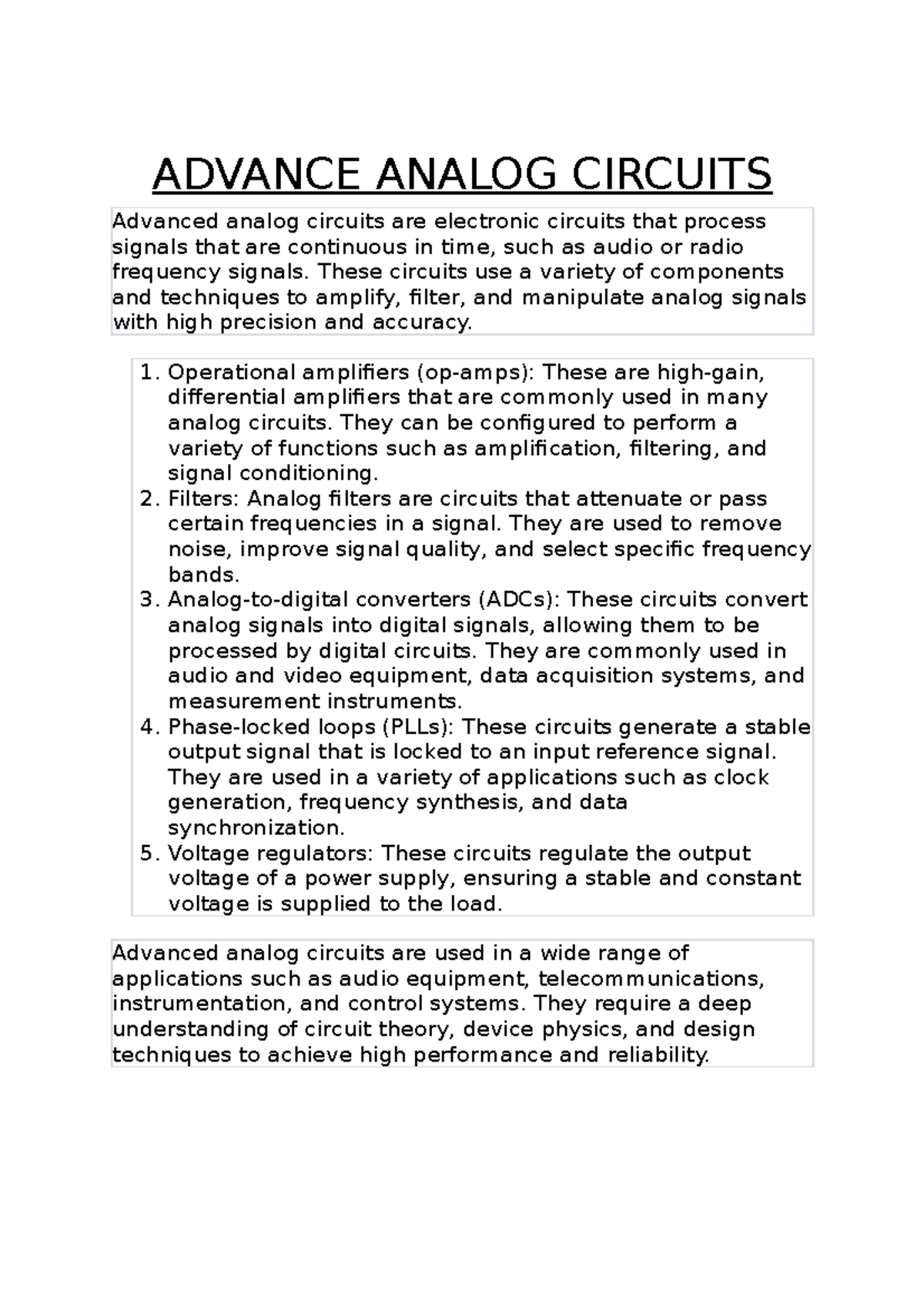 Advance Analog Circuits - ADVANCE ANALOG CIRCUITS Advanced analog circuits are electronic ...