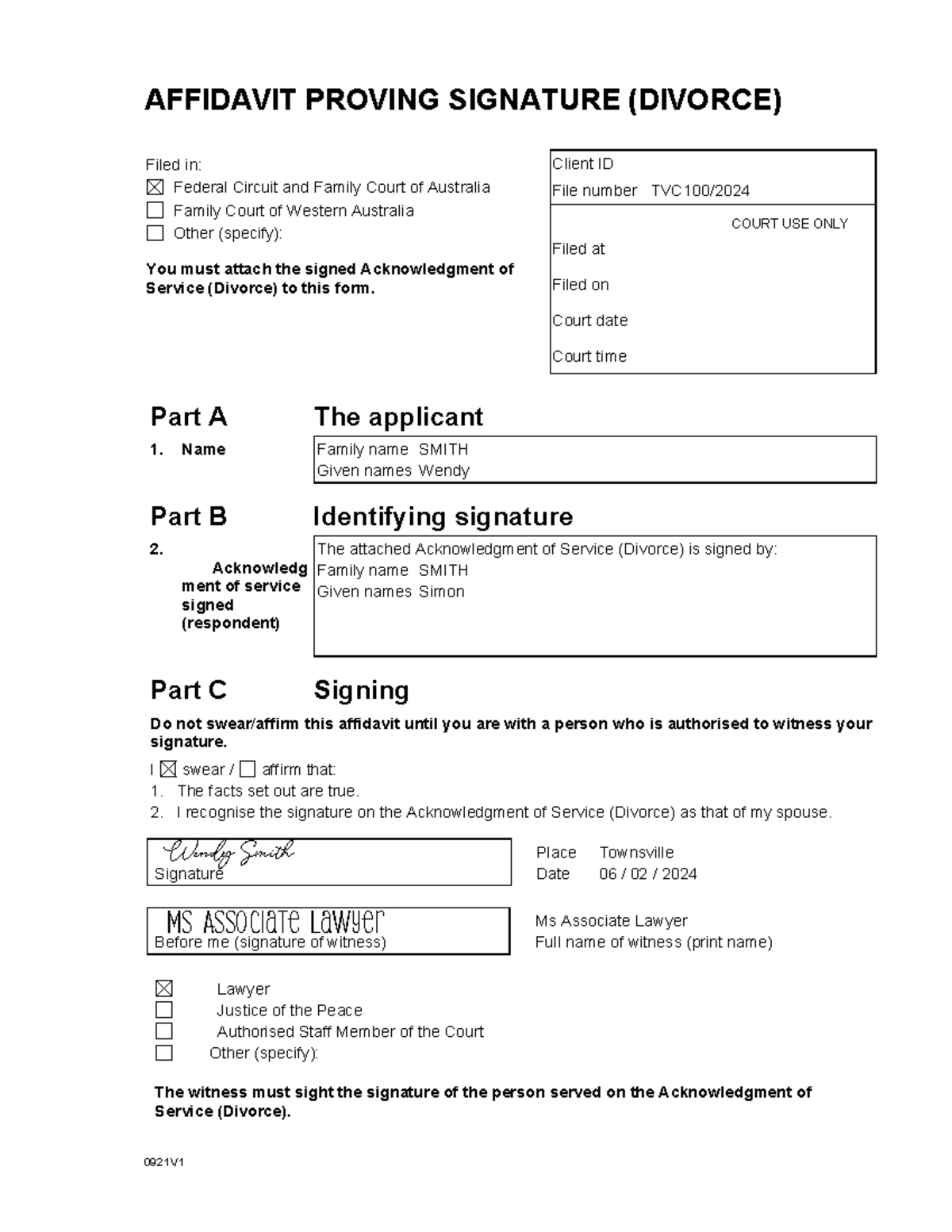Affidavit Proving Signature - Ms Associate Lawyer Wendy Smith AFFIDAVIT ...
