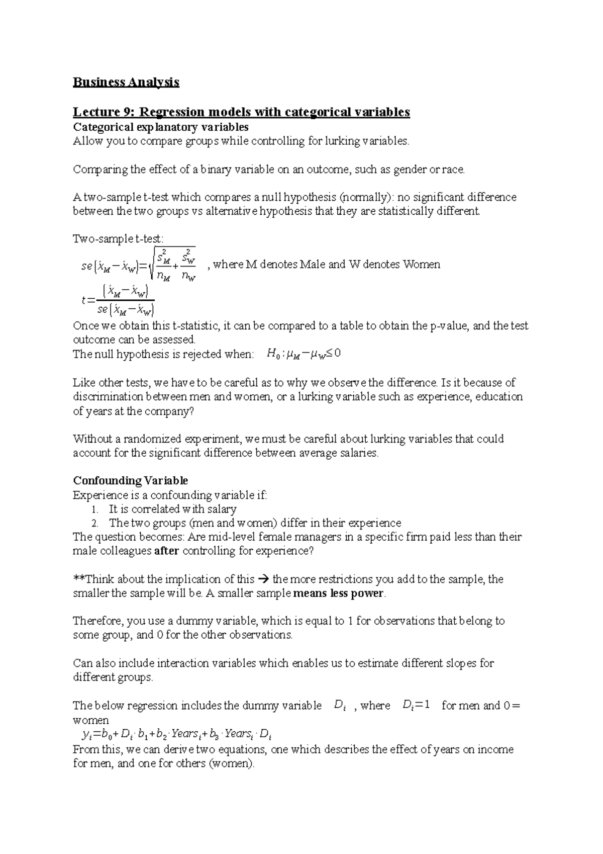 Business Analysis - Lecture 9 - Business Analysis Lecture 9: Regression models with categorical ...