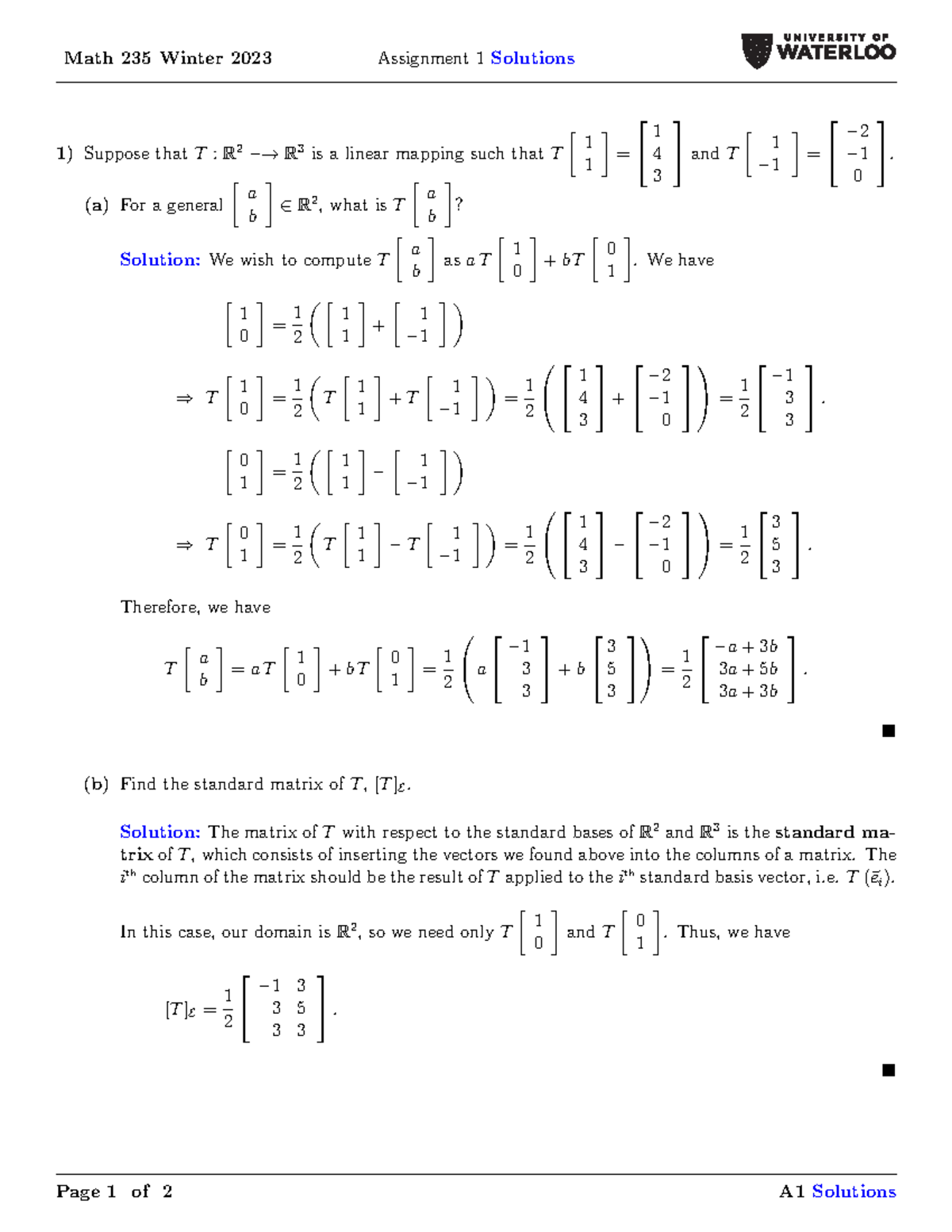 Assignment 1 Solution - Math 235 - UWaterloo - Studocu