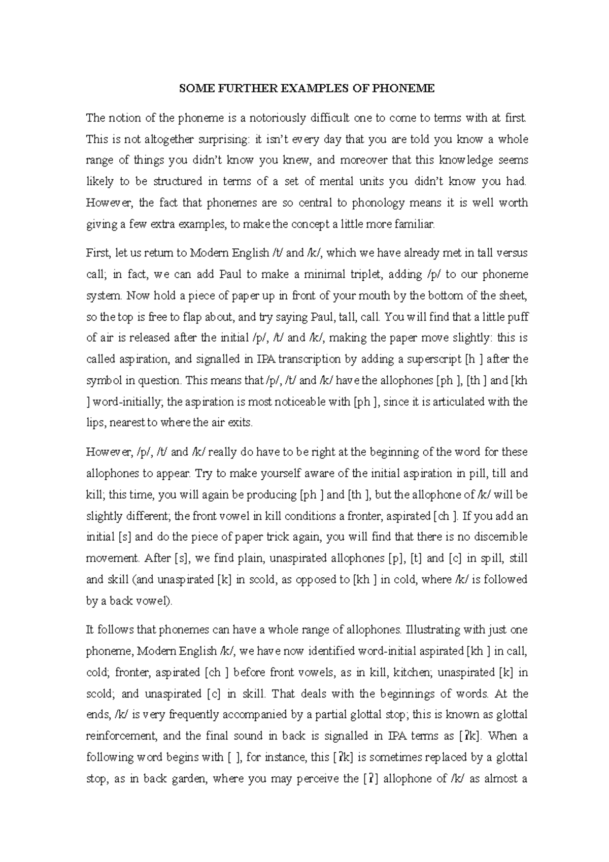 SOME Further Examples OF Phoneme - SOME FURTHER EXAMPLES OF PHONEME The ...