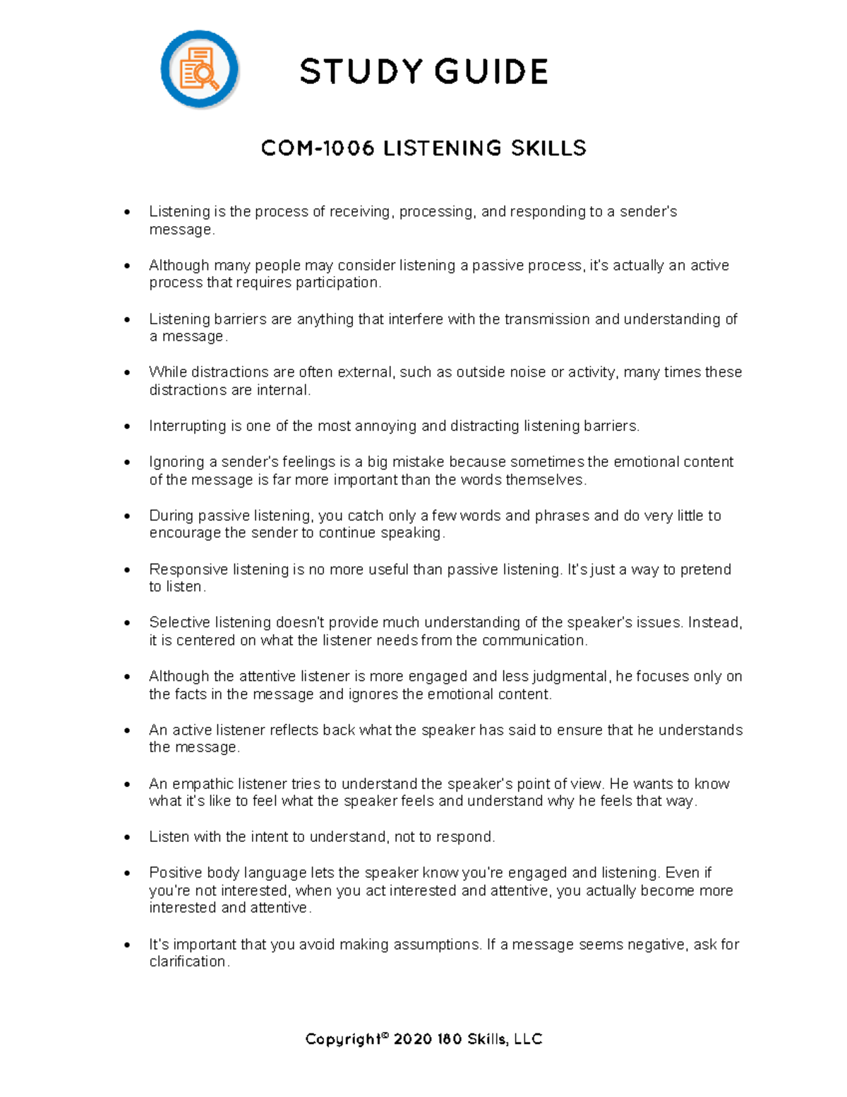 Study Guide COM-1006 Listening Skills - STUDY GUIDE Copyright© 2020 180 ...