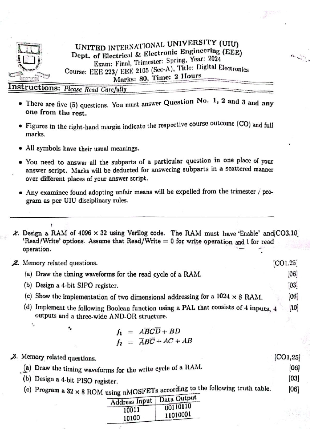 Digital spring 2024 - UNITED INTERNATIONAL UNIVERSITY (UIU) Dept. of Electrical Electronic - Studocu