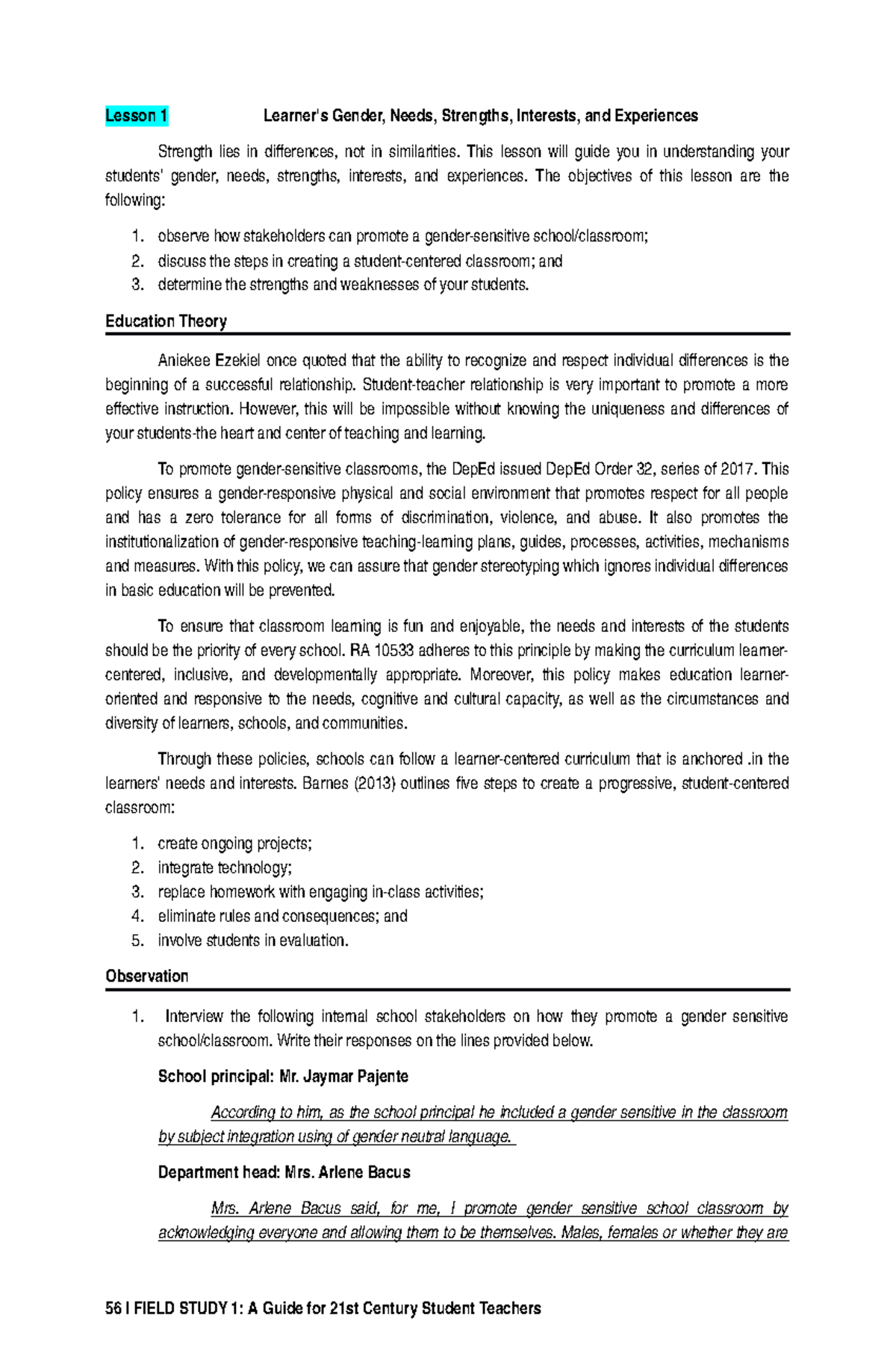 Chapter 3 Lesson 1 to 5 - FS1 - Lesson 1 Learner'sGender,Needs ...
