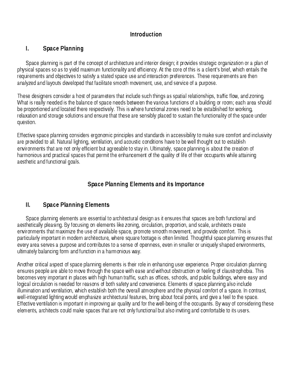 Space Planning Elements - Introduction I. Space Planning Space planning ...