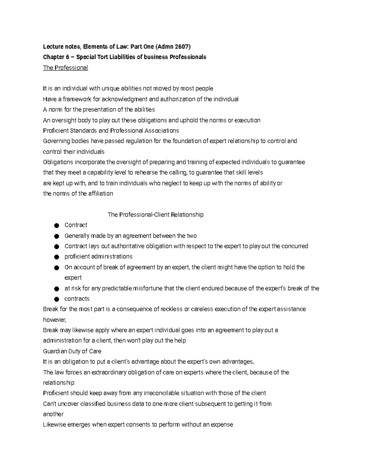 ADMN 2607 Chapter 6 – Special Tort Liabilities of business Professionals - INFO 6560 - StuDocu