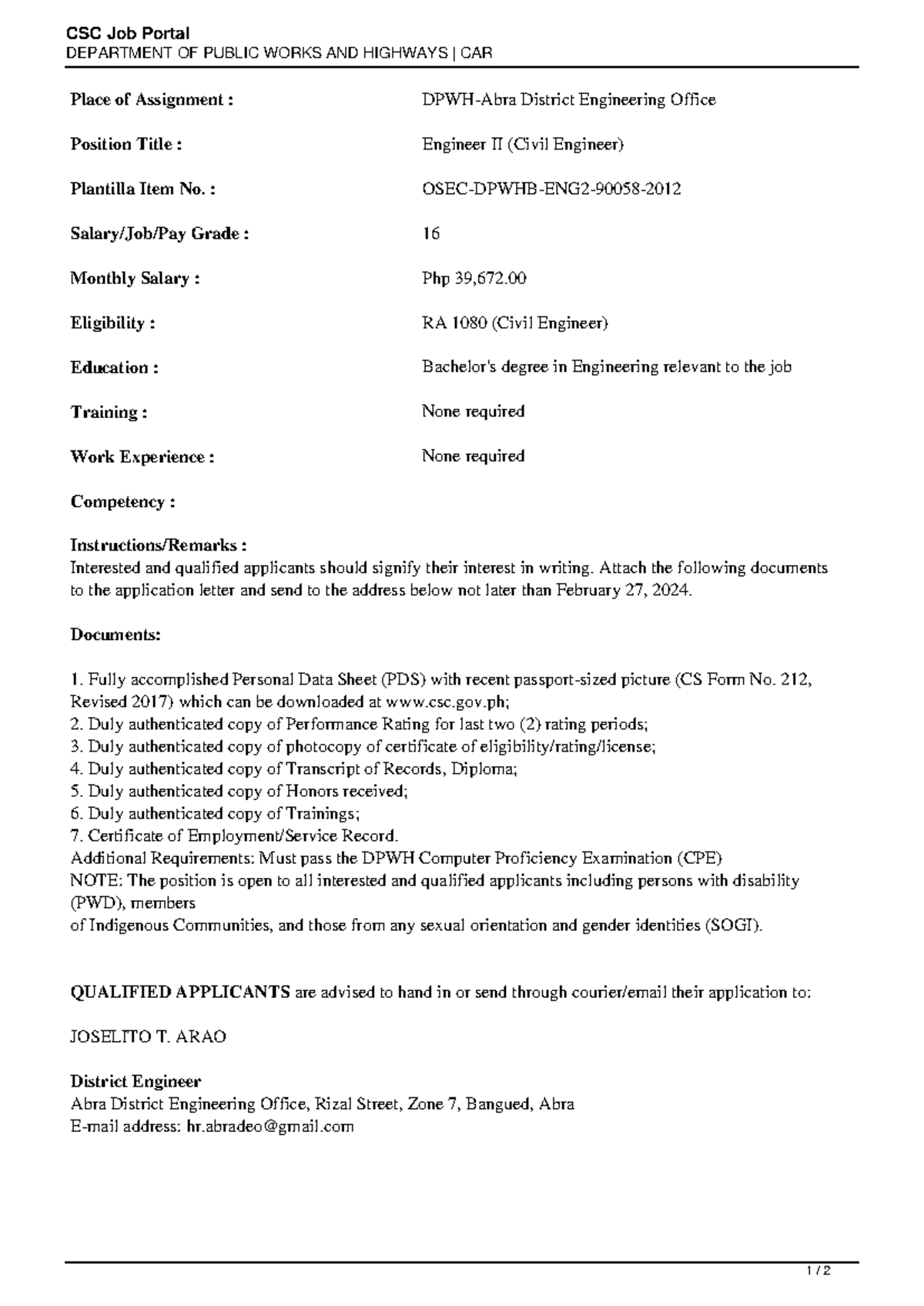 3712034 - CSC Job Portal DEPARTMENT OF PUBLIC WORKS AND HIGHWAYS | CAR ...