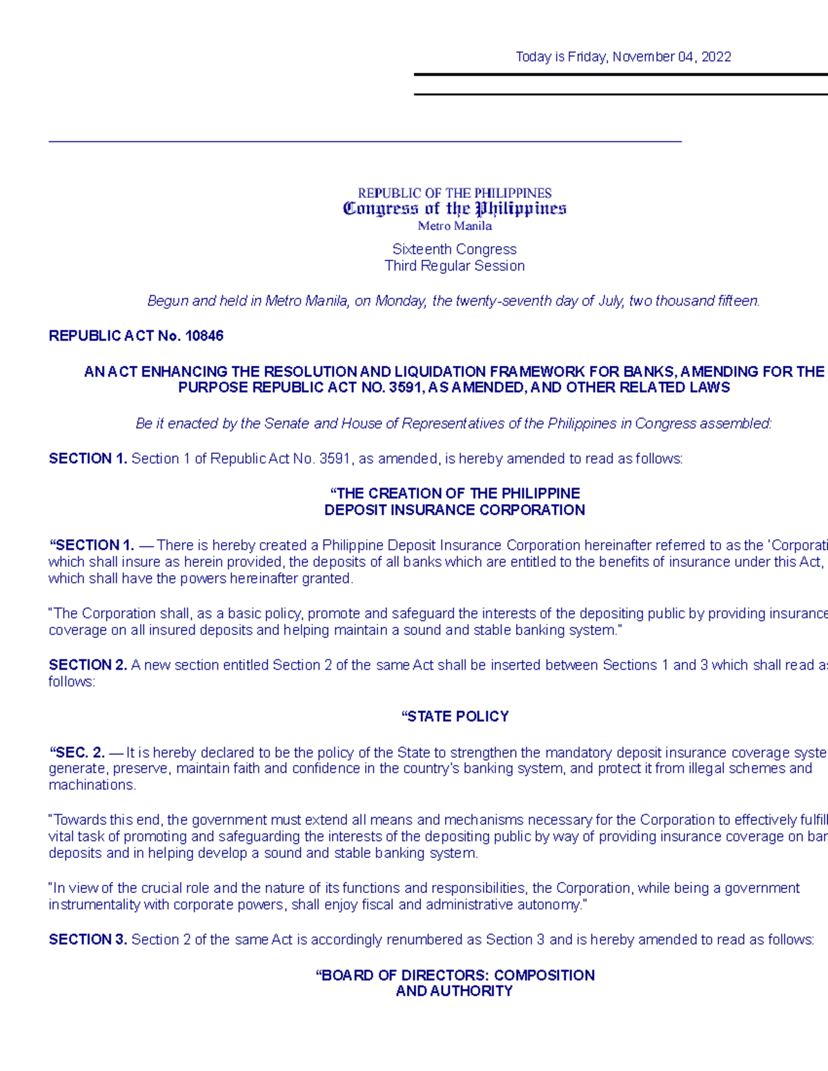 LAW - Law notes - Today is Friday, November 04, 2022 Sixteenth Congress ...