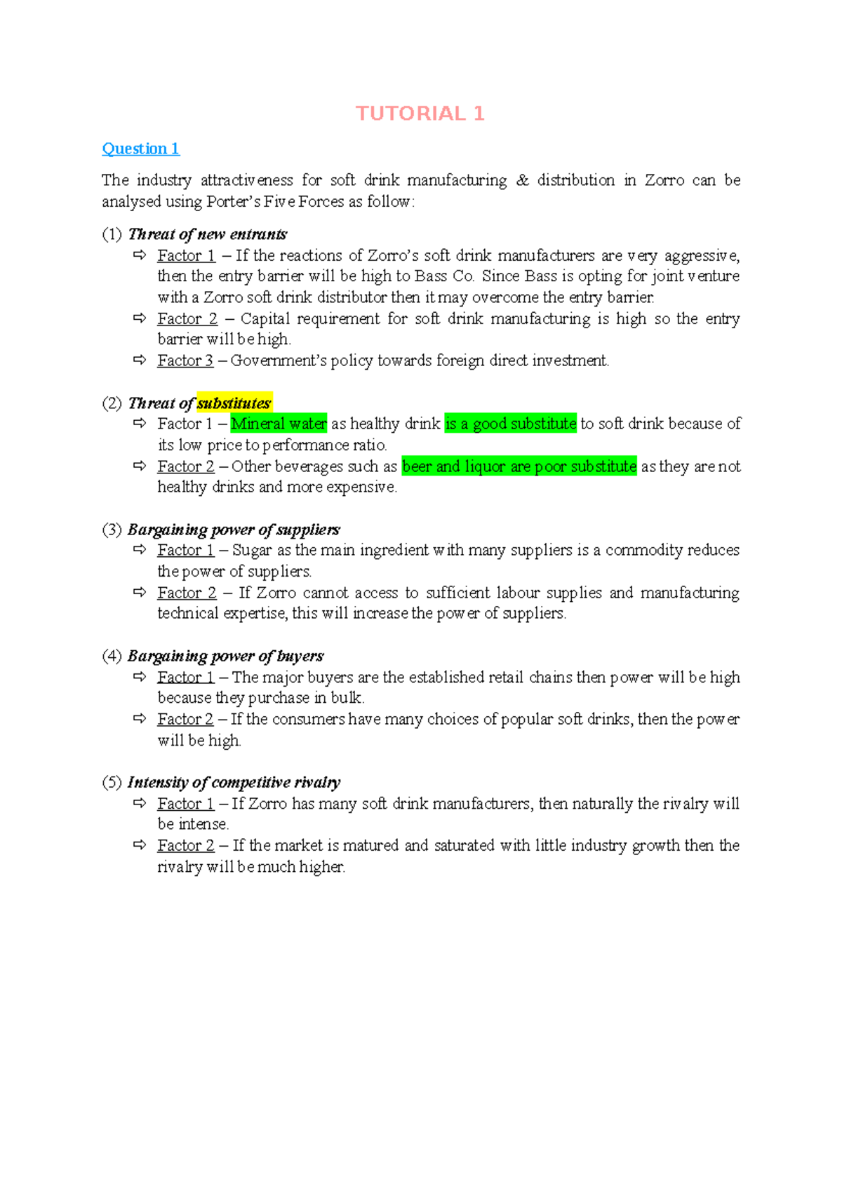 Tutorial 1 - Y2S2 - TUTORIAL 1 Question 1 The industry attractiveness ...