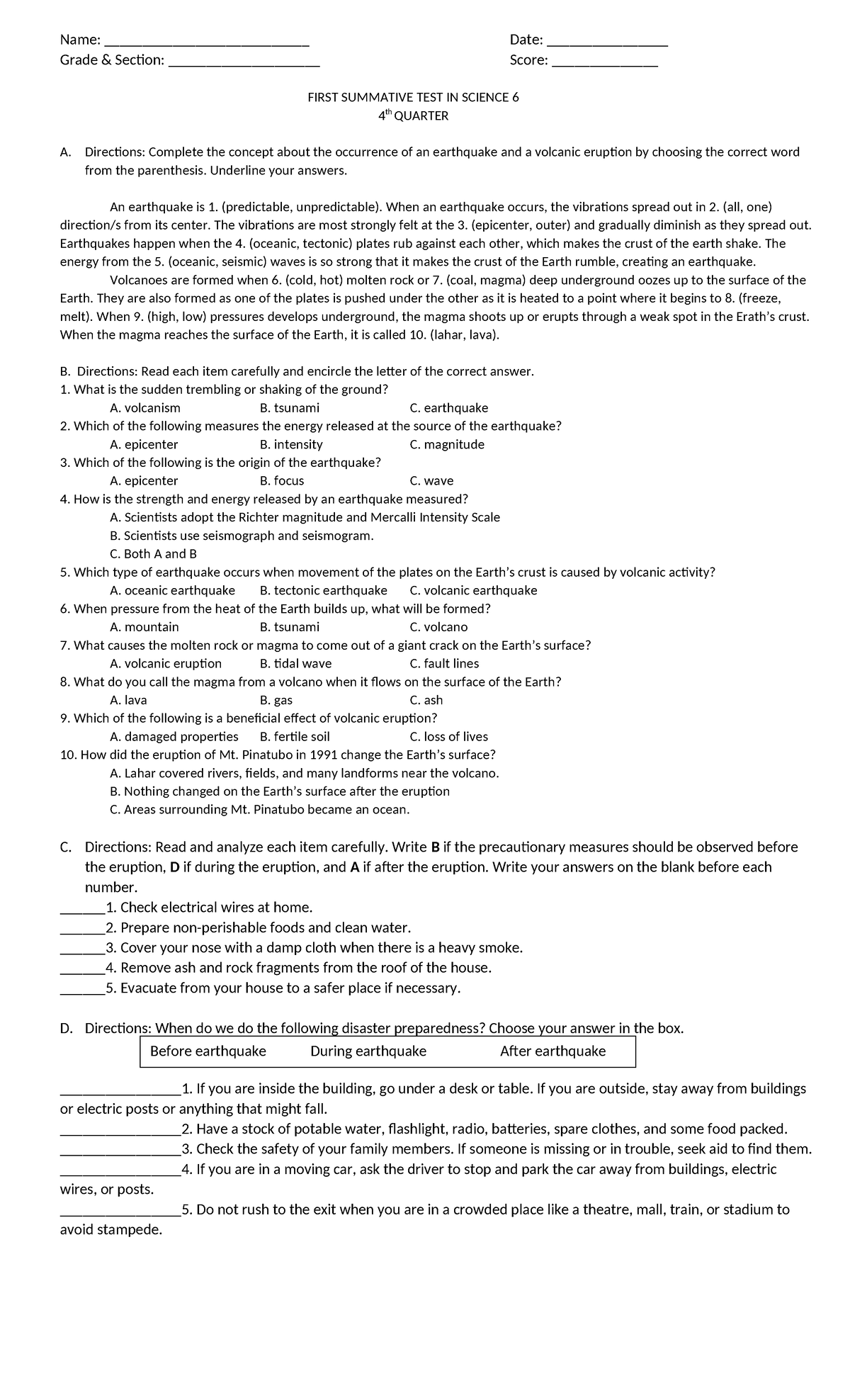First Summative TEST IN Science 6 Q4 - Name ...