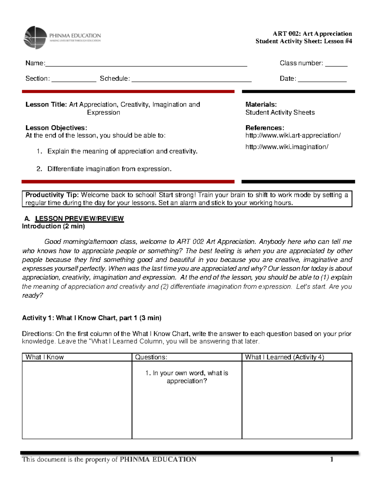 SAS# 4 - ART 002 - Lesson Title: Nature and Functions of Arts Lesson ...