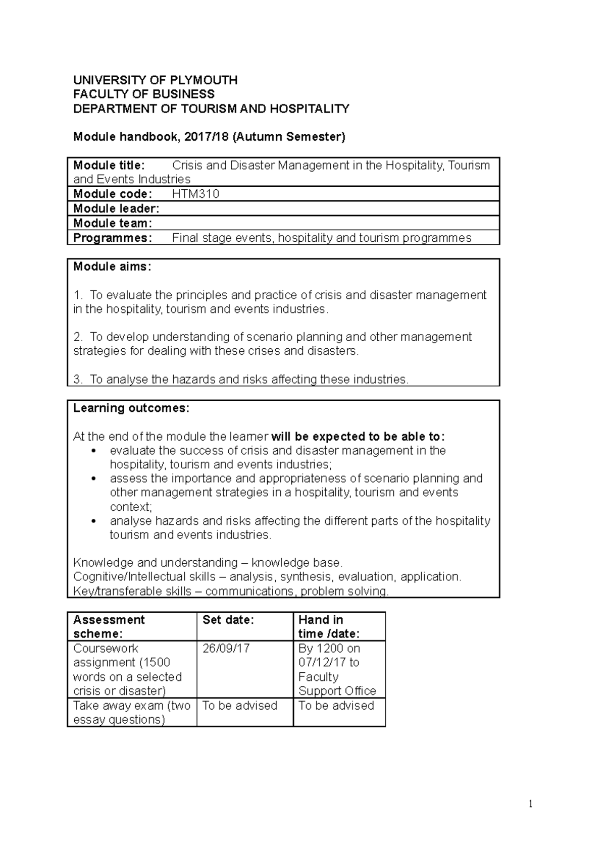 HTM310 Module Handbook 2017 - UNIVERSITY OF PLYMOUTH FACULTY OF ...
