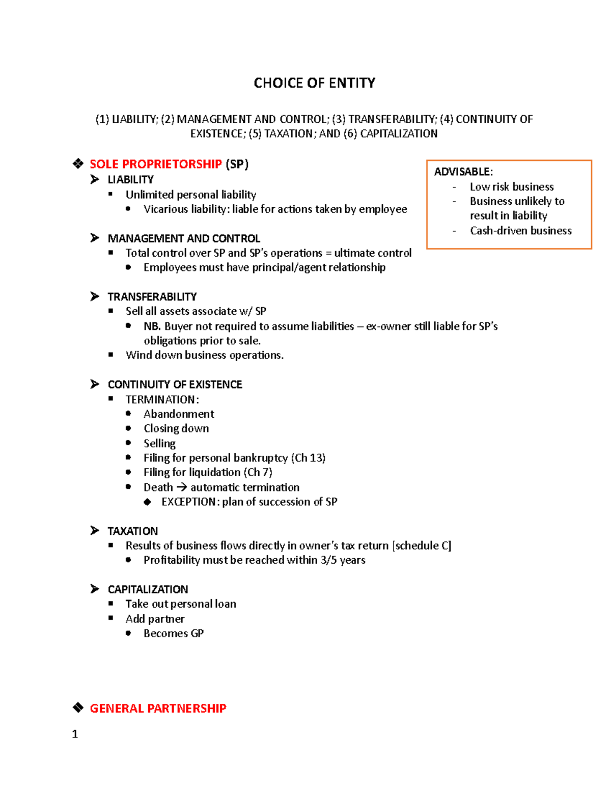Mini Outline Buss org - CHOICE OF ENTITY (1) LIABILITY; (2) MANAGEMENT ...