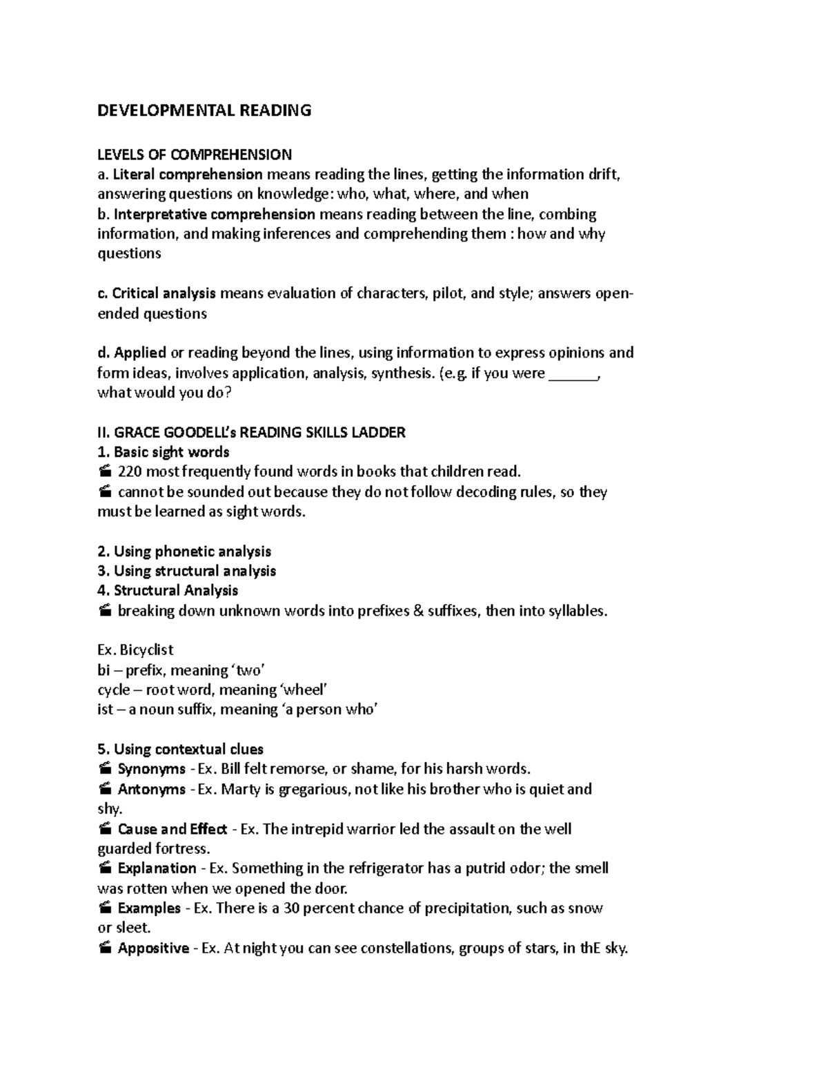 Developmental- Reading - DEVELOPMENTAL READING LEVELS OF COMPREHENSION ...