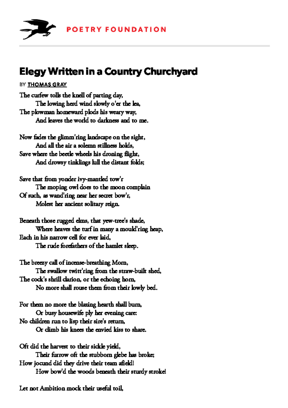 Elegy Written in a Country Churchyard by Thomas… Poetry Foundation ...