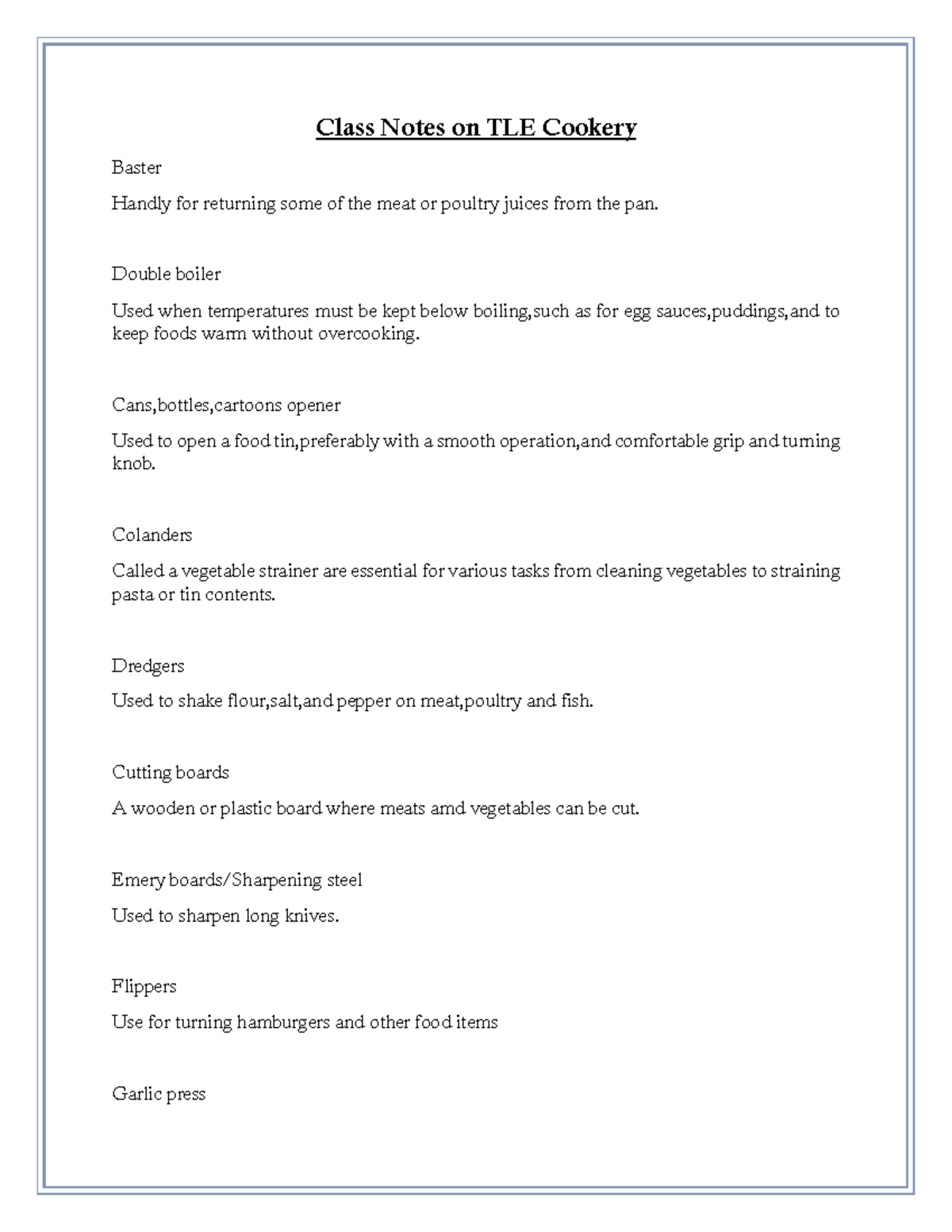Class Notes on TLE Cookery - Class Notes on TLE Cookery Baster Handly ...