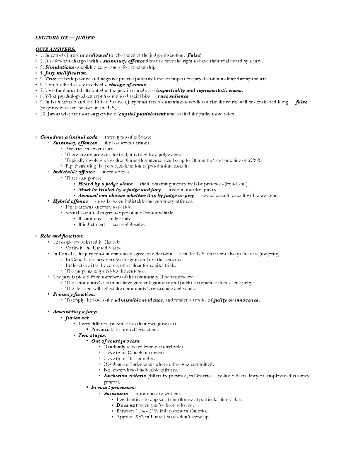 Juries Notes - LECTURE IIX — JURIES: QUIZ ANSWERS: In canada jurors are ...