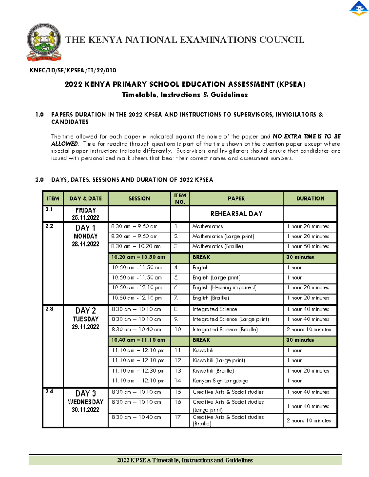 2022- Kpsea- Timetable - 2022 KPSEA Timetable, Instructions and ...