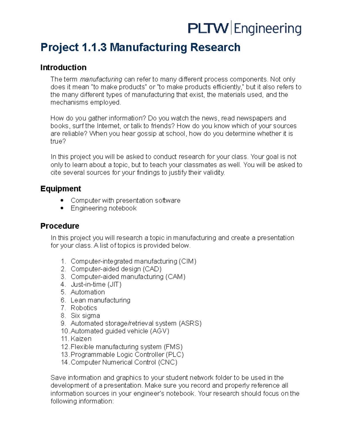 Manufacturing research project - Project 1.1 Manufacturing Research ...