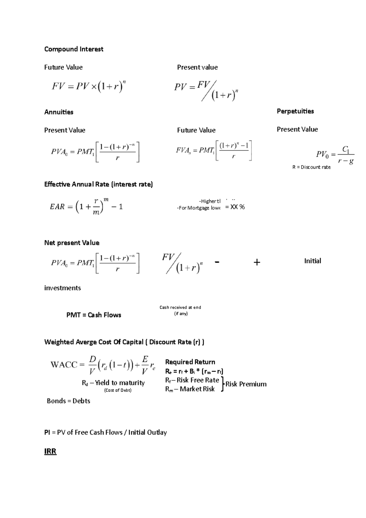 Formula Sheet 1 - Compound Interest Future Value Present value ...