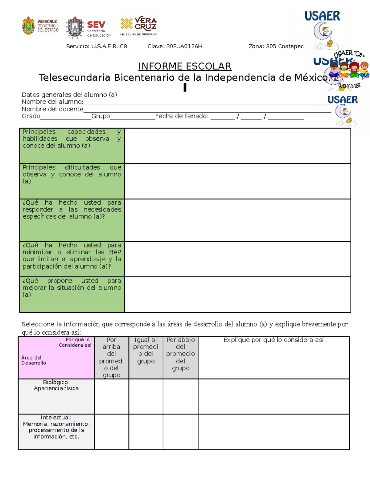Formato Informe Escolar 1,2,3 - Servicio: U.S.A.E. C8 Clave: 30FUA0126H ...