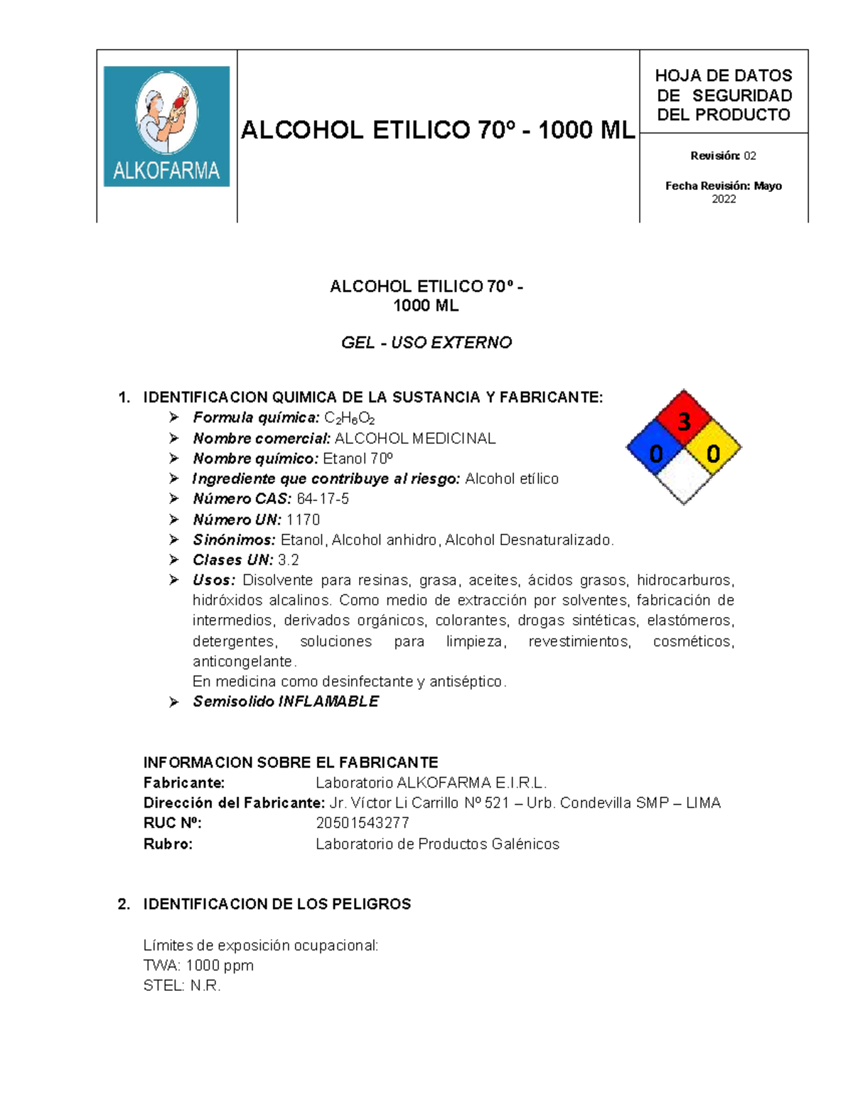 6. MSDS Alcohol 1L 70% - ALCOHOL ETILICO 70 º - 1000 ML DE SEGURIDAD ...