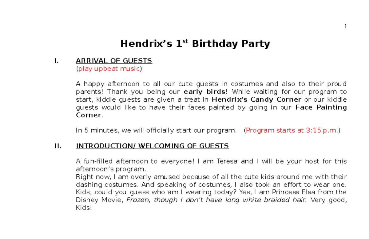 422878620 1st Birthday Script - Hendrix’s 1st Birthday Party I. ARRIVAL ...