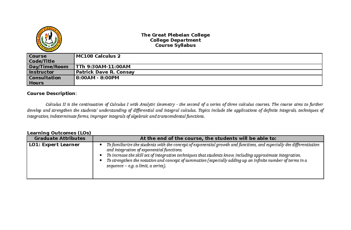 MC 108 Calculus 2 Syllabus - The Great Plebeian College College ...