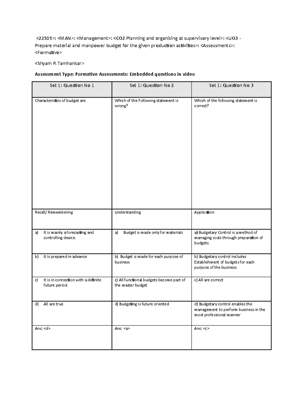 22509 -CO2 -UO3 - Assessment Formative (MCQs) - : : : - Studocu