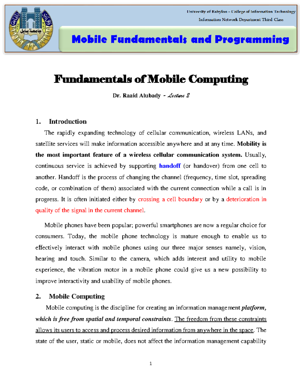 Fundamentals of Mobile Computing - Computing Dr. Raaid Alubady - Lecture 2 Fundamentals of ...