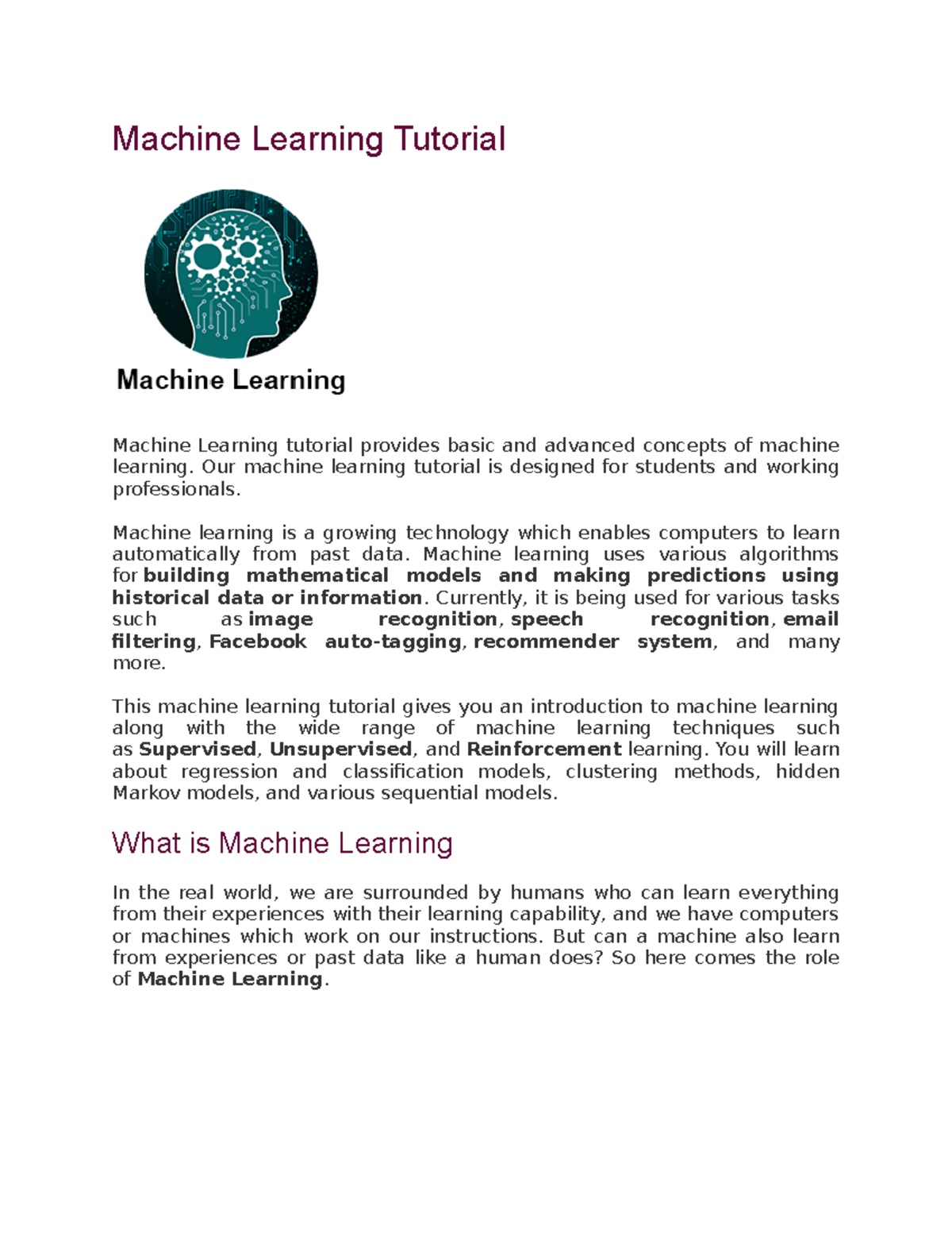 Ml syllabuss wise notes - Machine Learning Tutorial Machine Learning ...