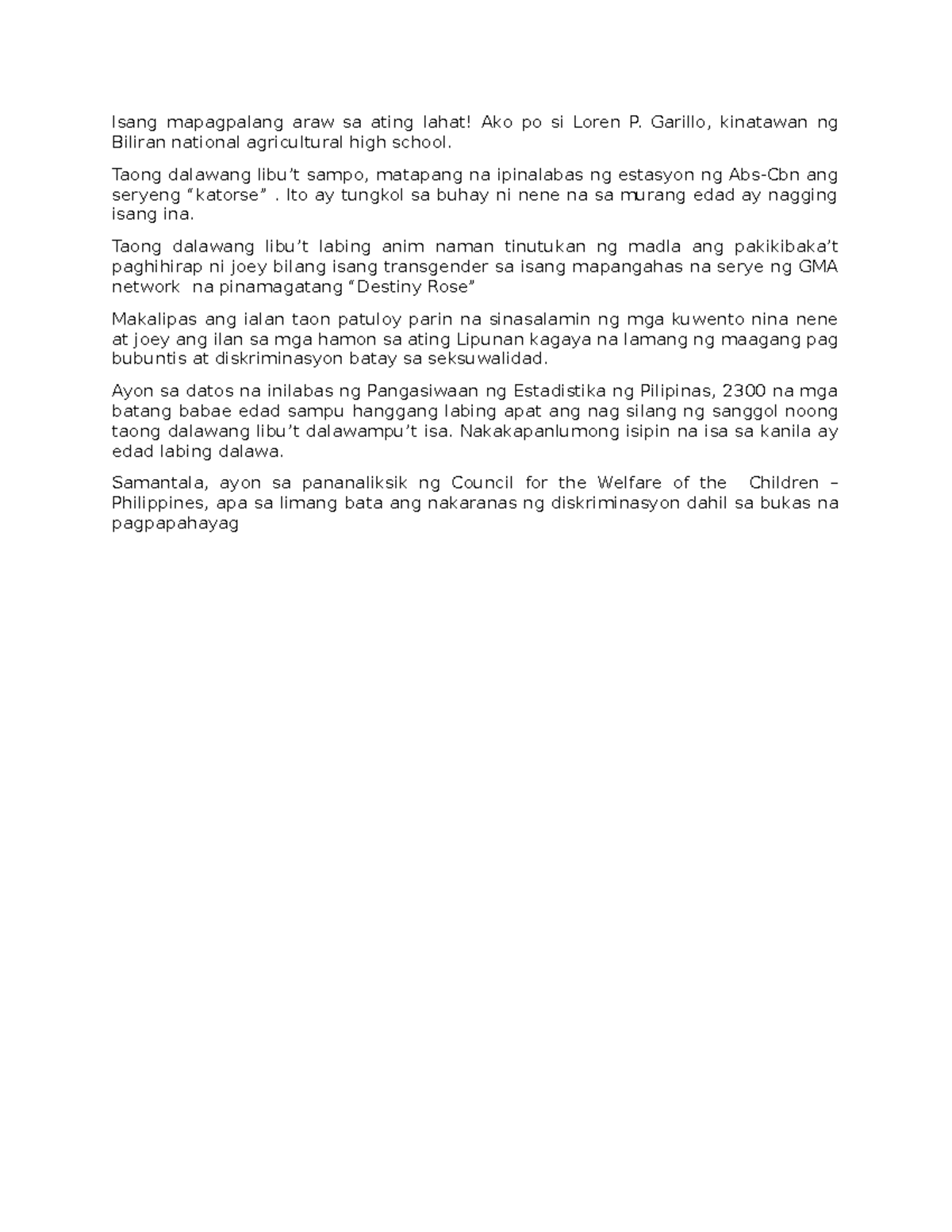 Oratorical Speech - for study - Isang mapagpalang araw sa ating lahat ...