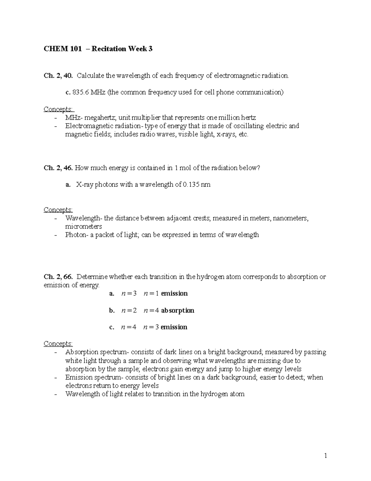 CHEM 101 Recitation Week 3 - CHEM 101 – Recitation Week 3 Ch. 2, 40. Calculate the wavelength of ...