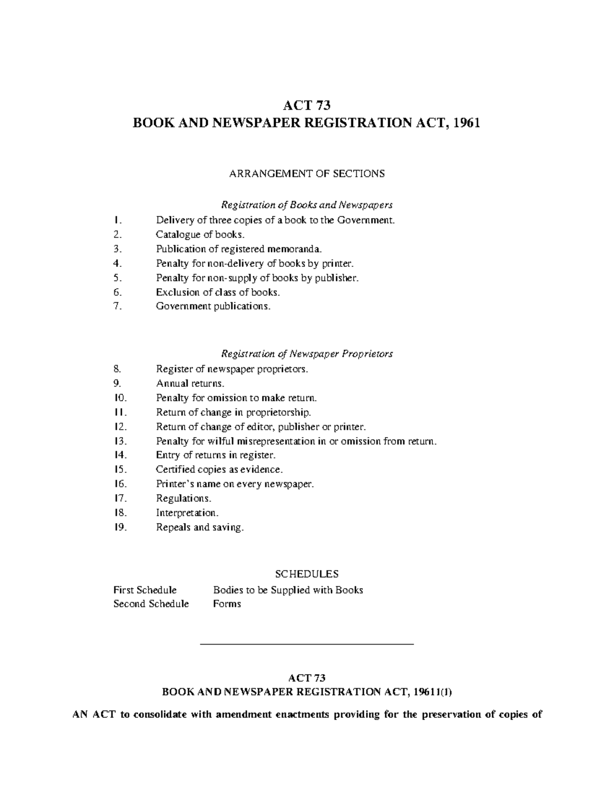 BOOK AND Newspaper Registration ACT, 1961 - ACT 73 BOOK AND NEWSPAPER ...