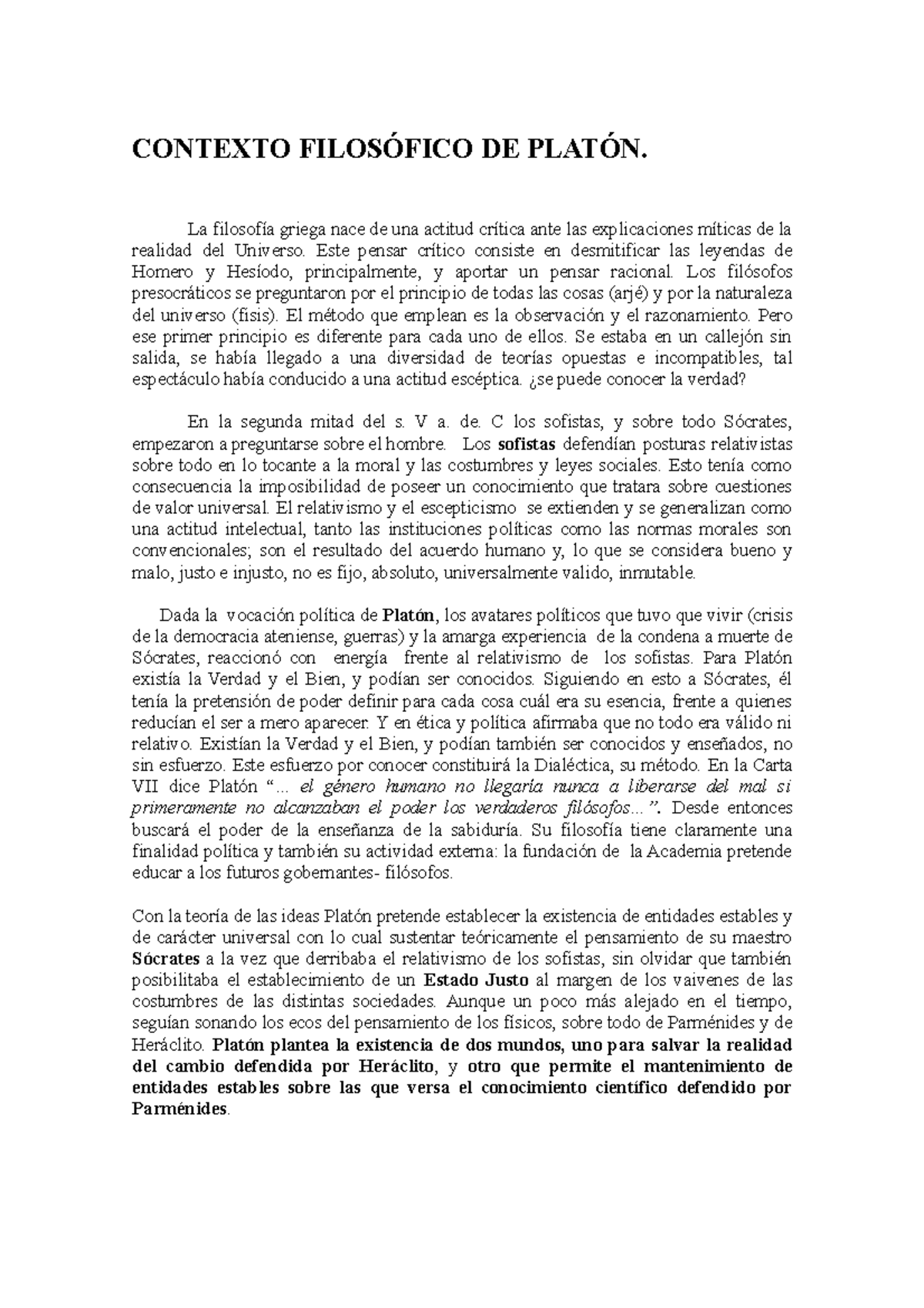 Contextos-filosoficos - CONTEXTO FILOSÓFICO DE PLATÓN. La filosofía griega nace de una actitud ...