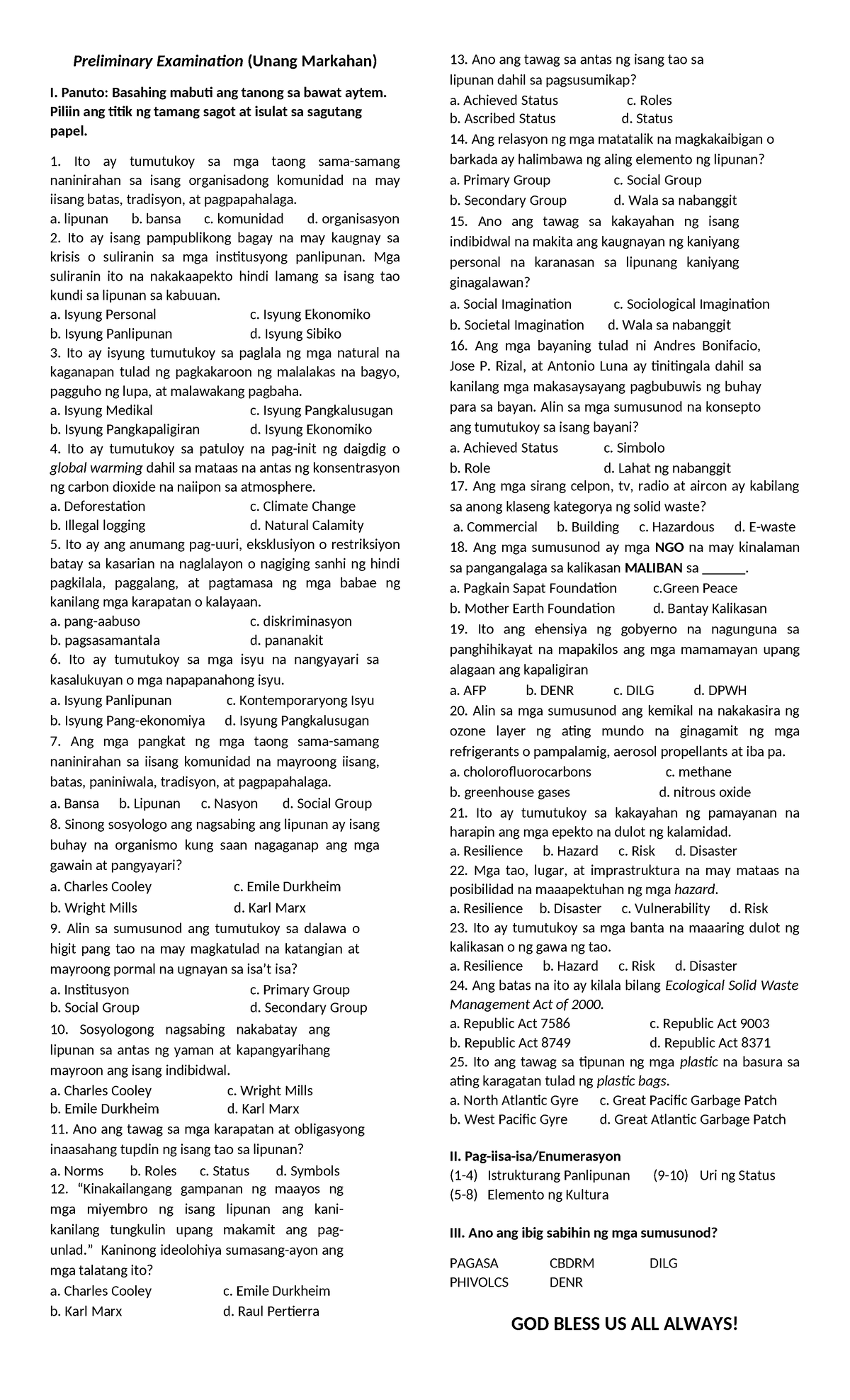 1st Prelim Exam AP 10 - Preliminary Examination (Unang Markahan) I ...