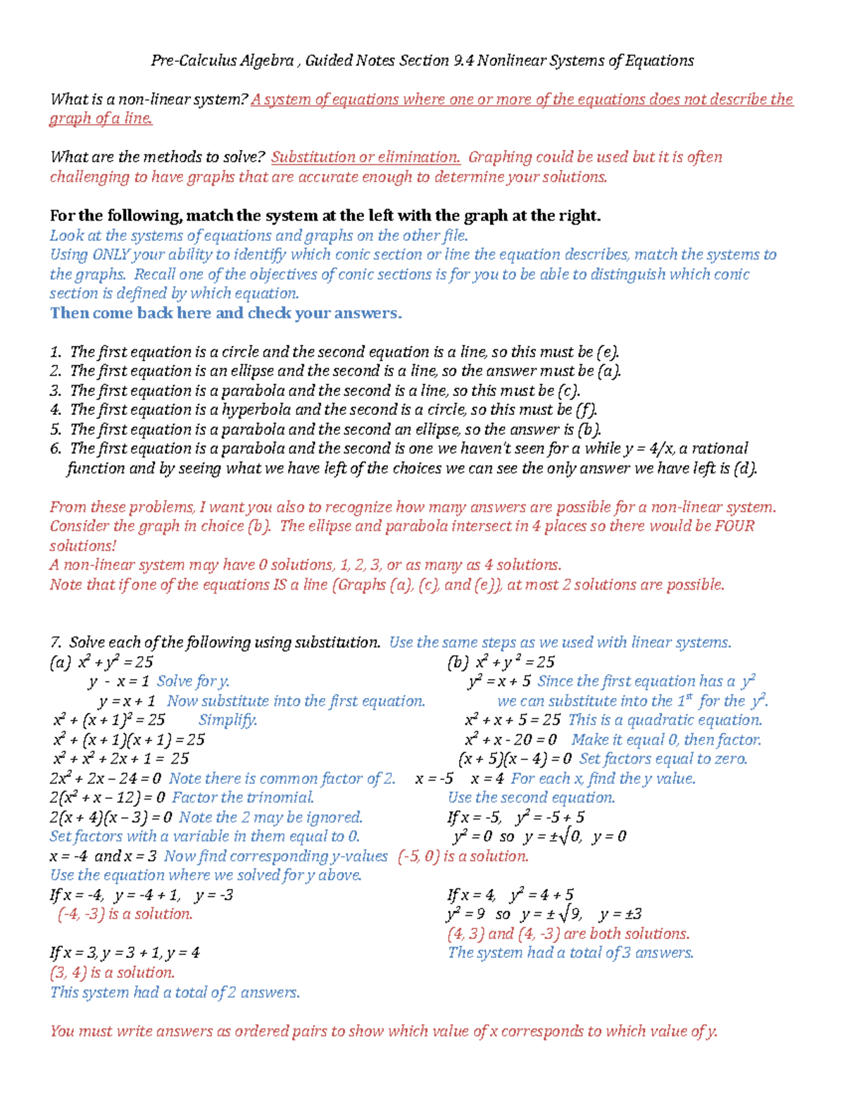 Guide Notes Non Linear Systems Complete - Pre-Calculus Algebra , Guided ...